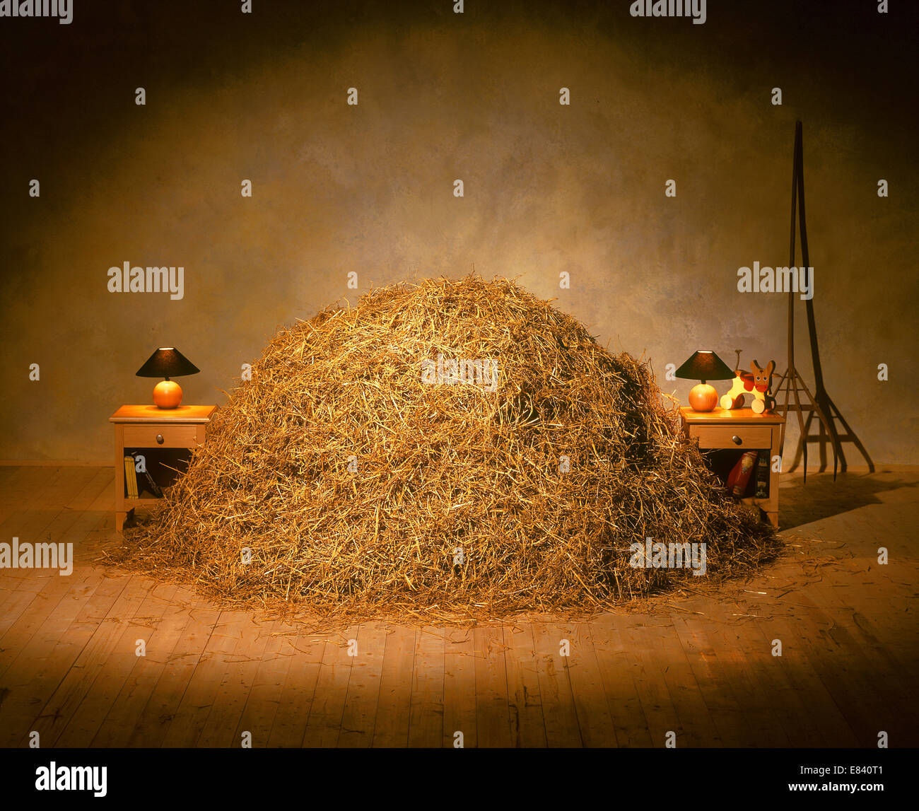 Bed of hay, haystack, bedside tables Stock Photo - Alamy
