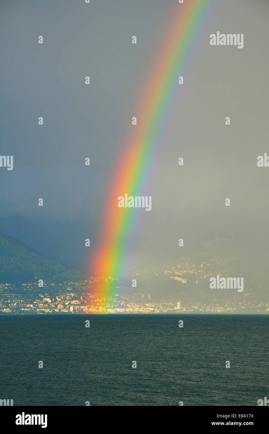 Rainbow on the shore at Lausanne, Switzerland, from France, Lake Geneva ...