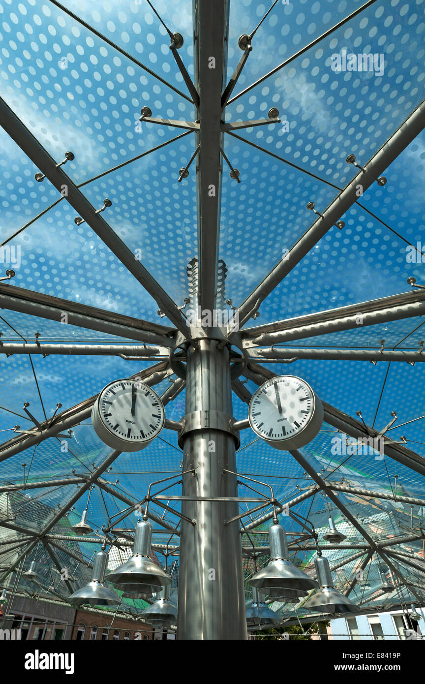 Clocks at a bus terminal, Schweinfurt, Lower Franconia, Bavaria ...
