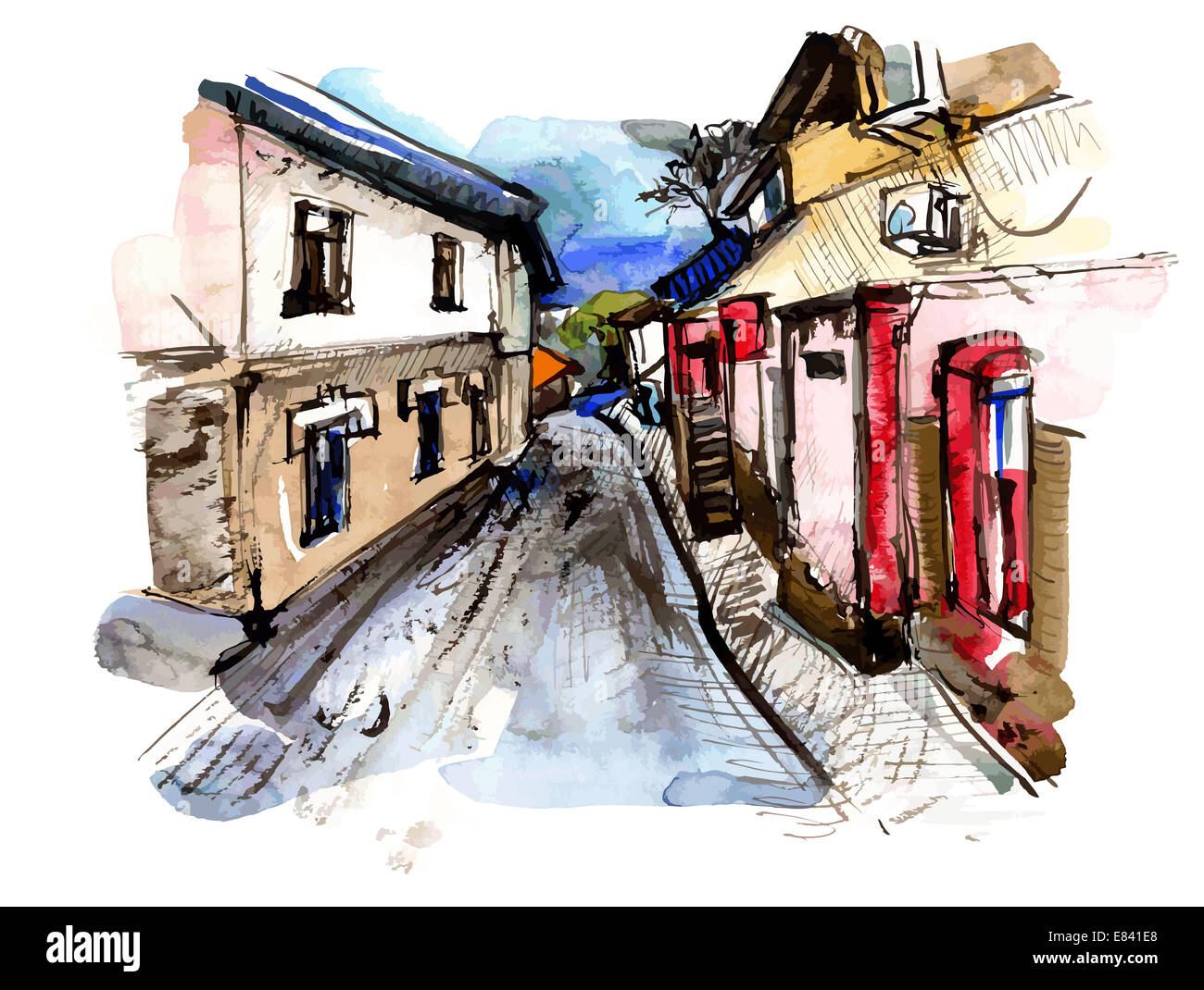 original hand draw sketchy and watercolor old street landscape Stock ...
