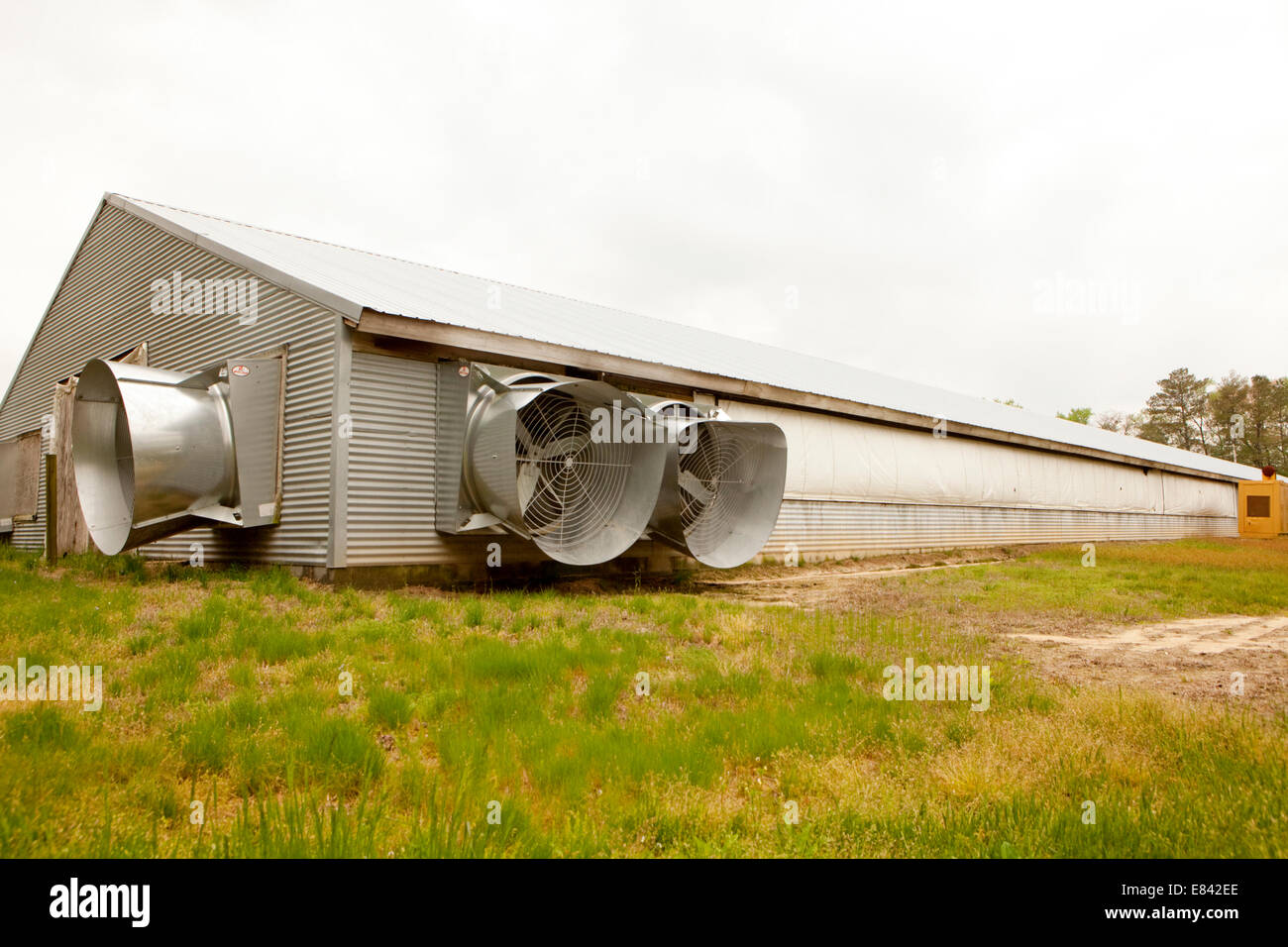 Large air conditioning units on industrial farm poultry shed, Eastern ...