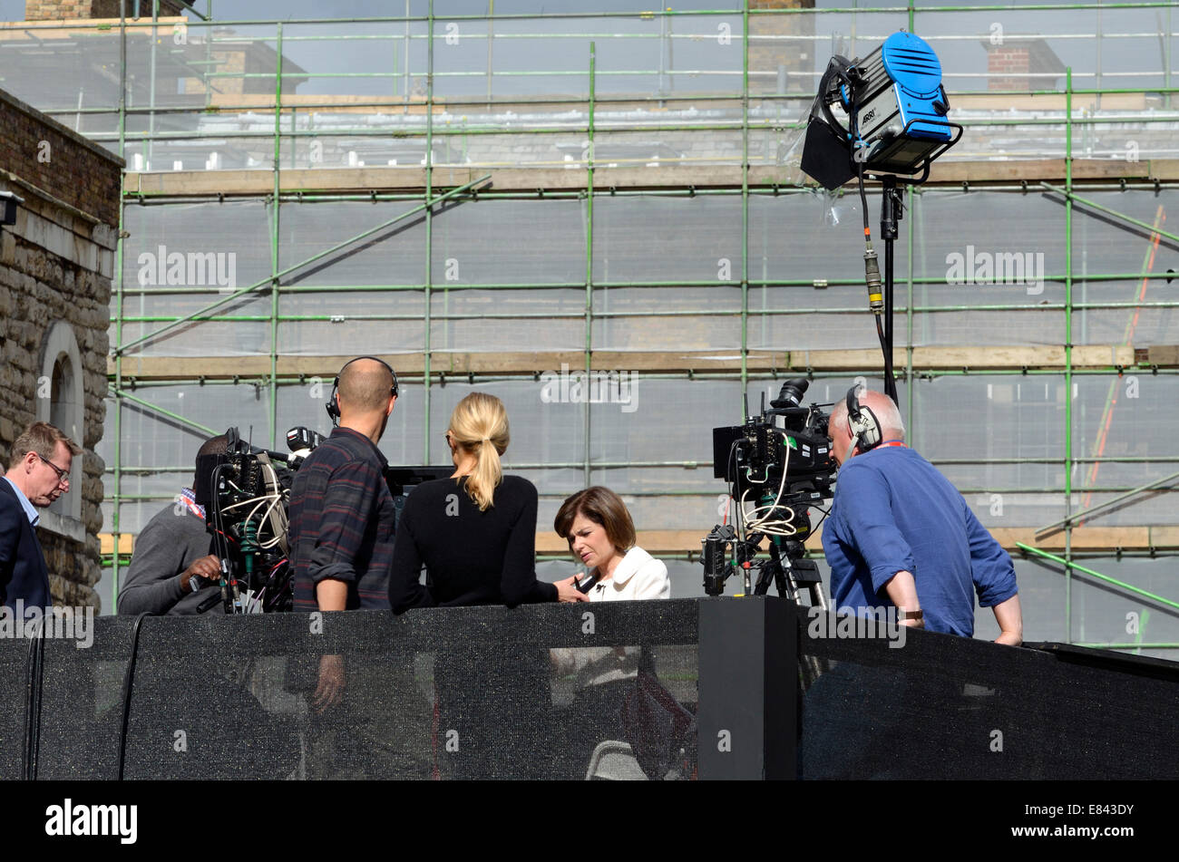 London, England, UK. BBC TV outside broadcast crew on College Green ...