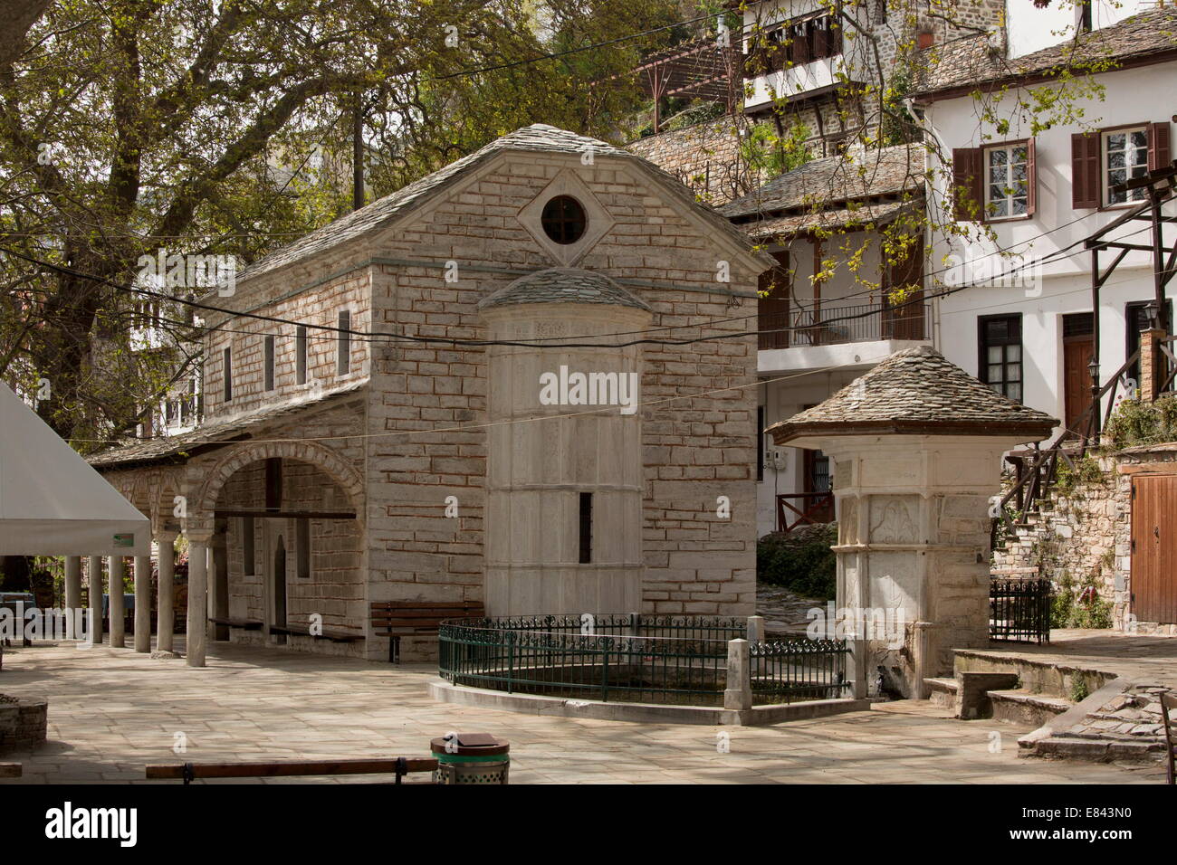 Main square, or platea, in the mountain village of Makrinitsa, Pilion ...