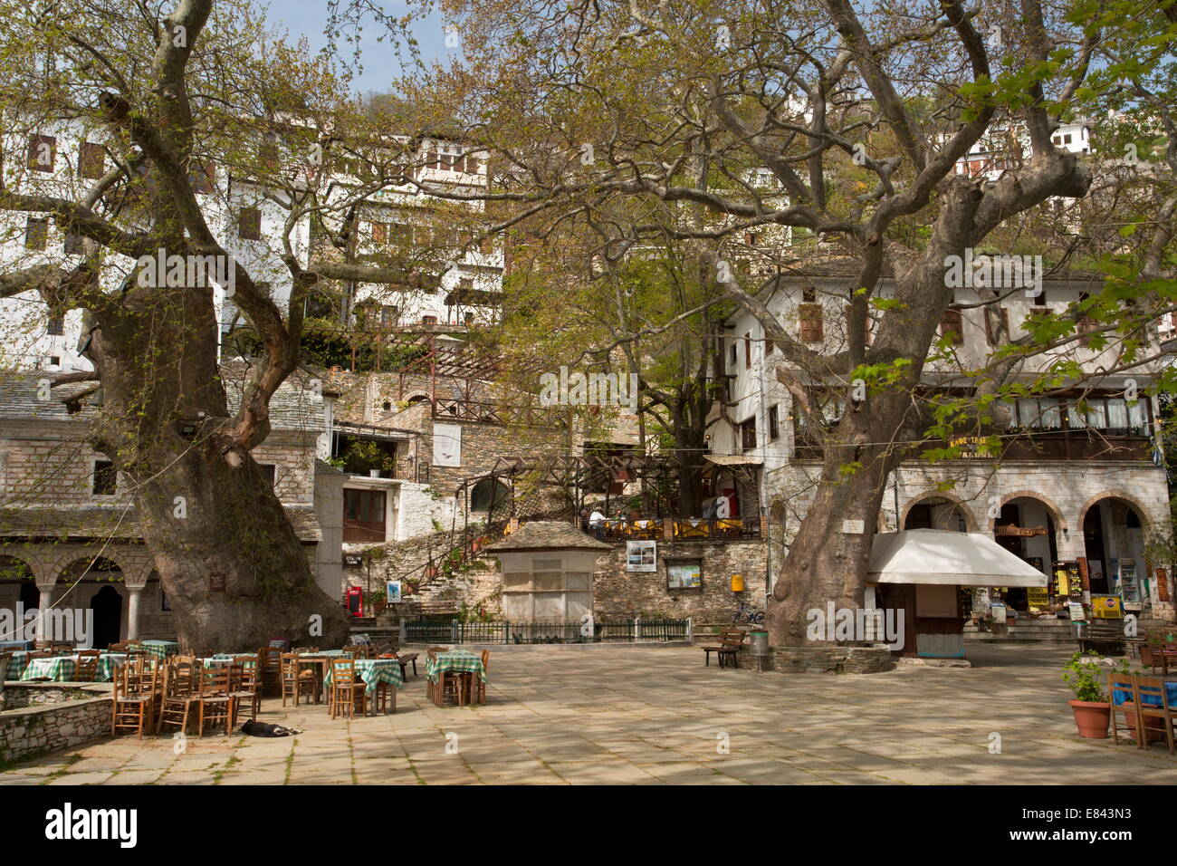 Main square, or platea, in the mountain village of Makrinitsa, Pilion ...