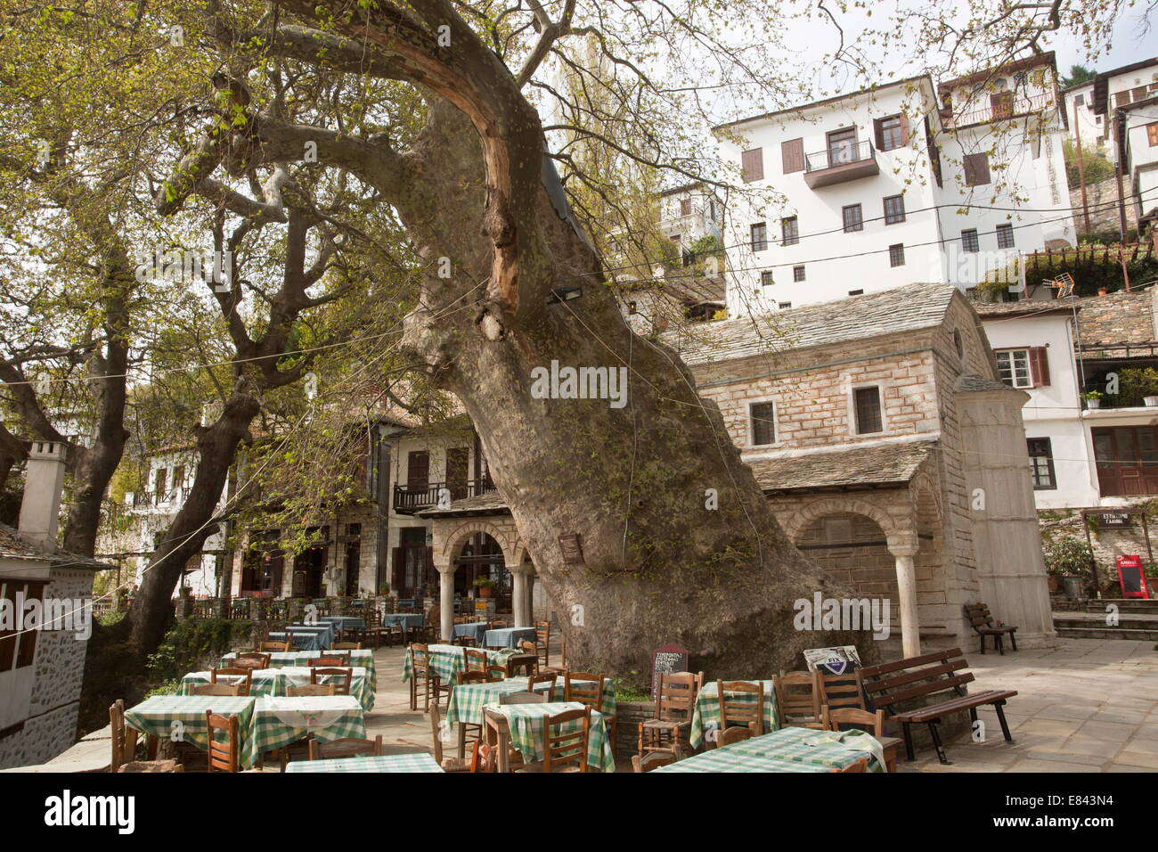 Main square, or platea, in the mountain village of Makrinitsa, Pilion ...