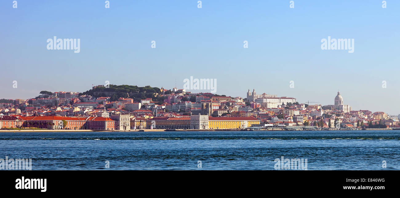 Panoramic view of Lisbon from Cacilhas with a view of Praca do Comercio ...