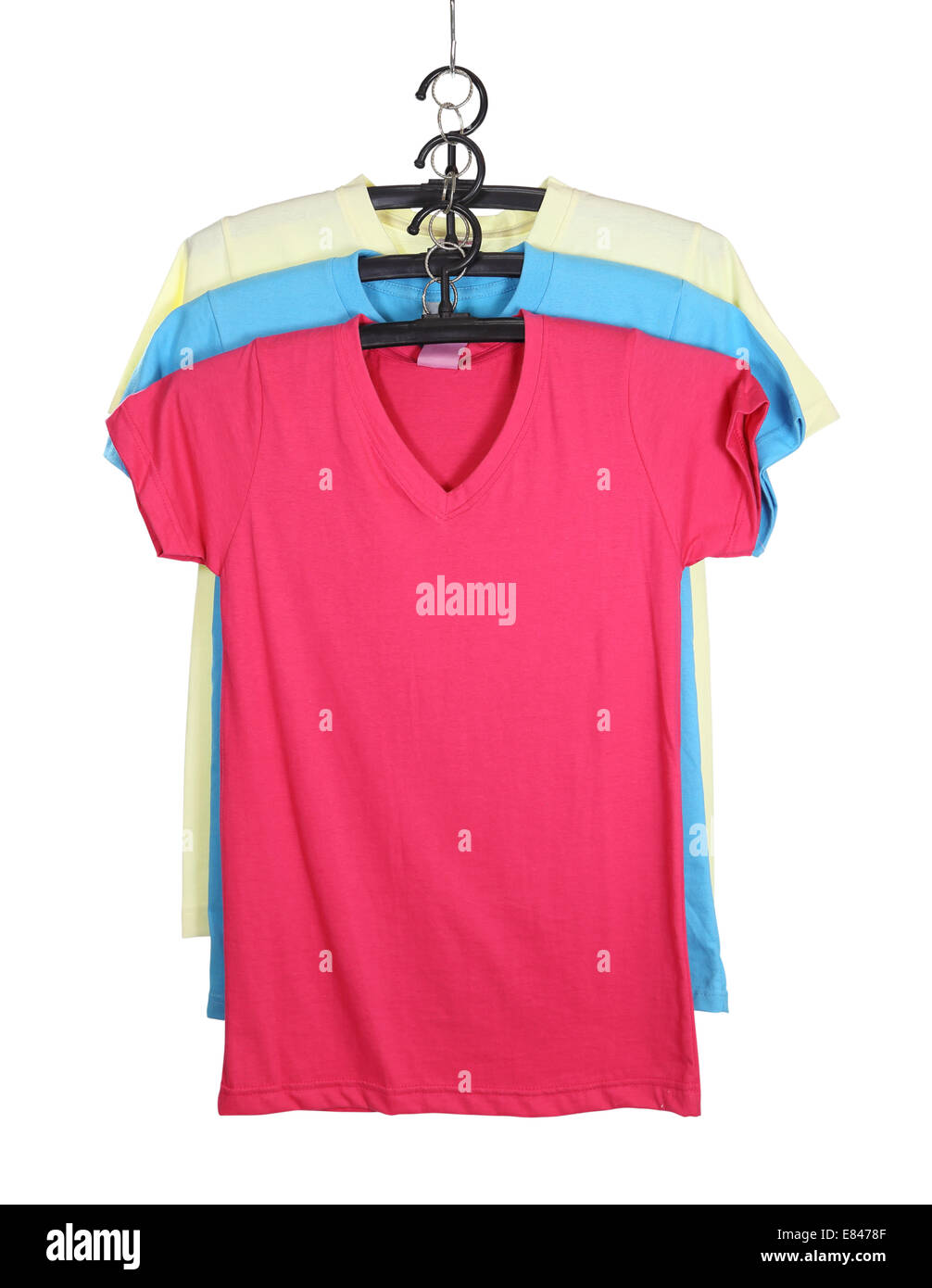 three t-shirt template on hange isolated on white background (with ...