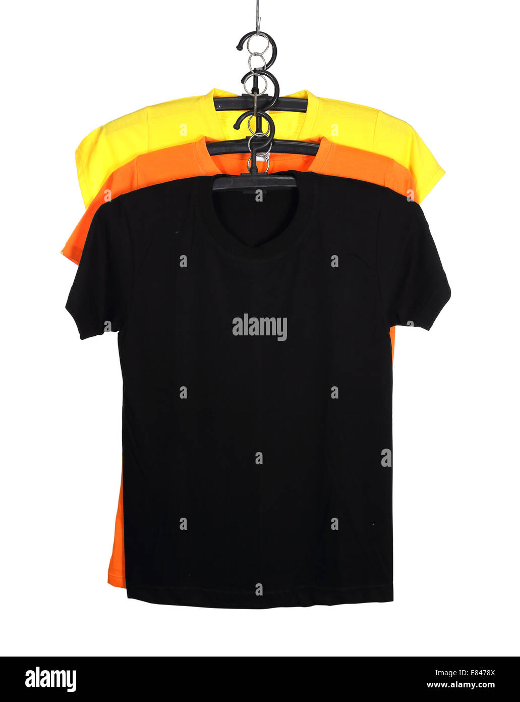 three t-shirt template on hange isolated on white background Stock ...