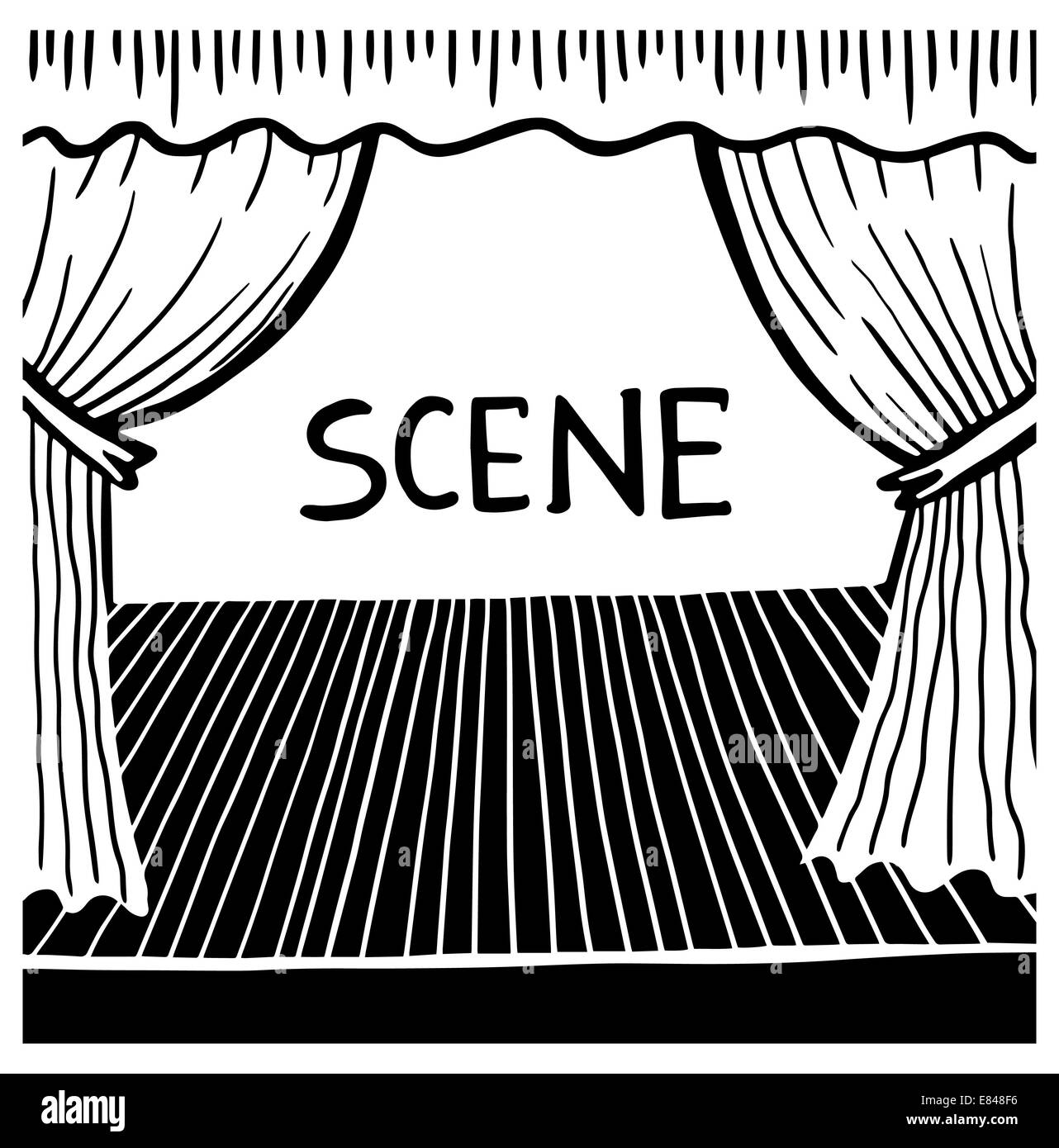 black and white doodle sketch ink drawing of scene, engraving st Stock ...