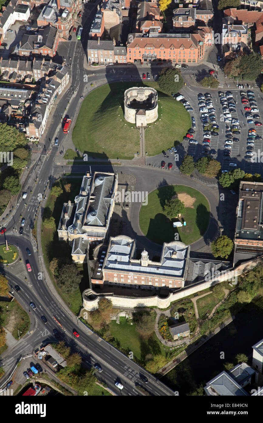 aerial view of York Castle Museum and Clifford's Tower, York, England ...