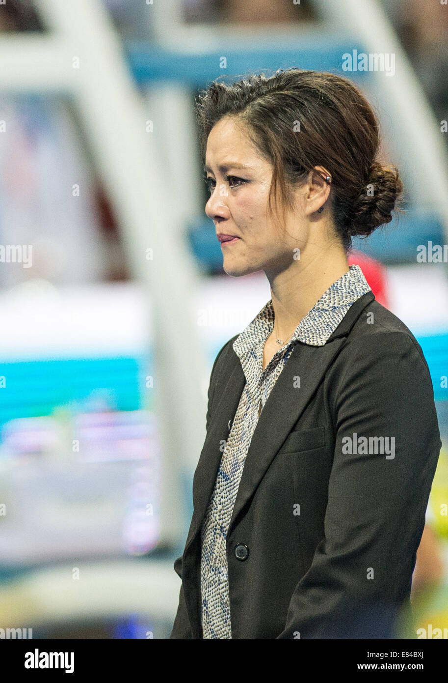 Beijing, China. 30th Sep, 2014. Chinese tennis player Li Na reacts ...