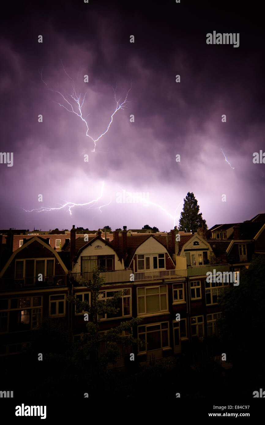 Thunderstorm with lightning over a town in The Netherlands, Europe ...