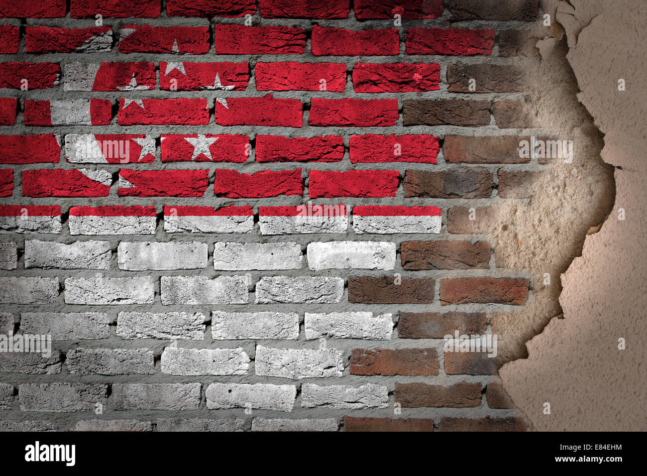 Dark brick wall texture with plaster - flag painted on wall - Singapore ...