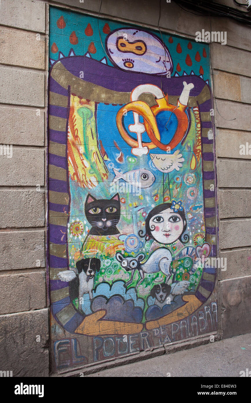 Mural, street art in Barcelona, Catalonia, Spain Stock Photo - Alamy