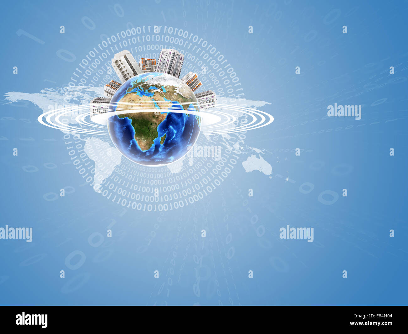 Earth with buildings. World map and figures as backdrop Stock Photo - Alamy