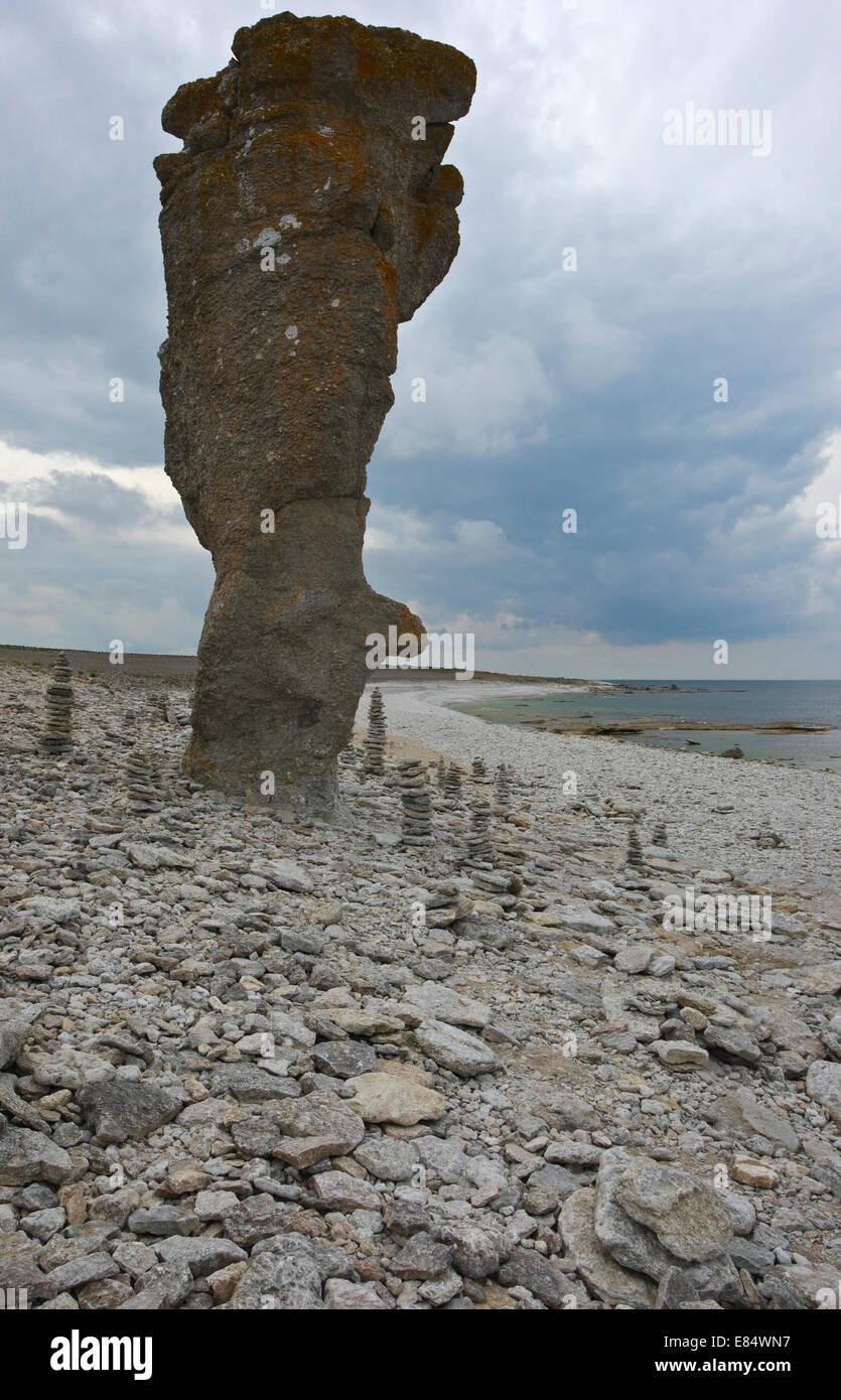Limestone stacks called Rauks at Langhammershammer Faroe, Gotland ...