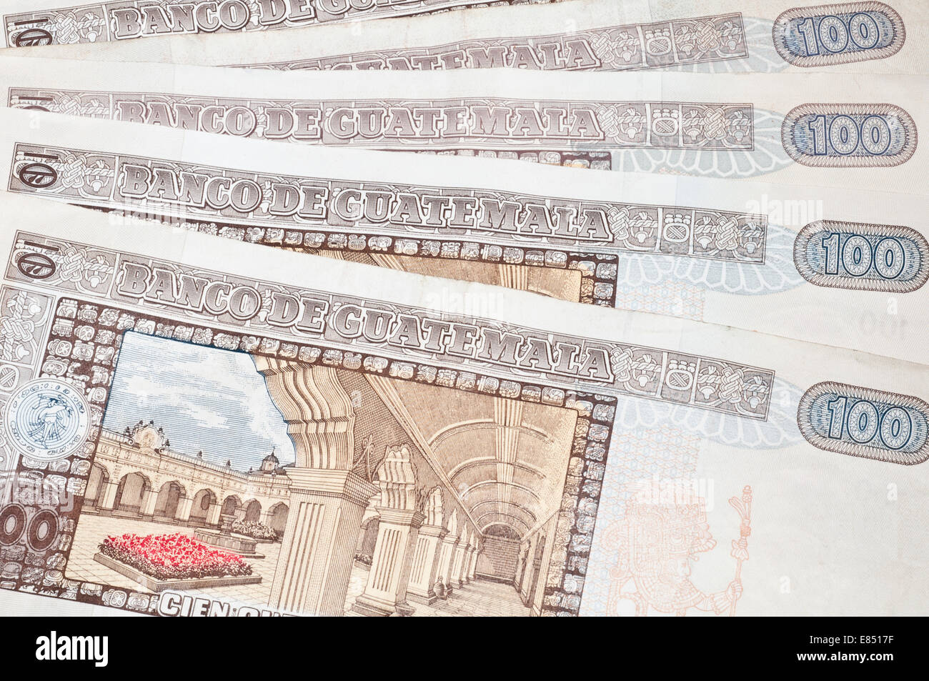 100 Guatemalan quetzales, bank notes, back side, one hundred currency ...