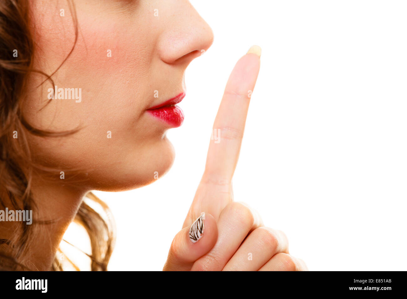 profile woman with silence hush sign gesture saying hush be quiet copy ...