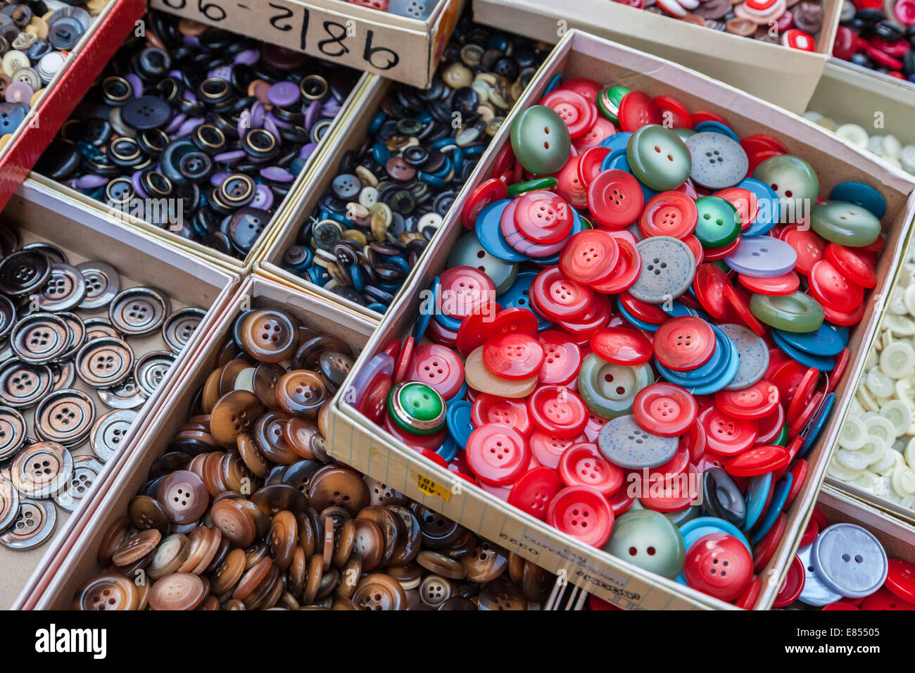 Flea Market Boxes of Buttons, treasures in the street market, colorful ...