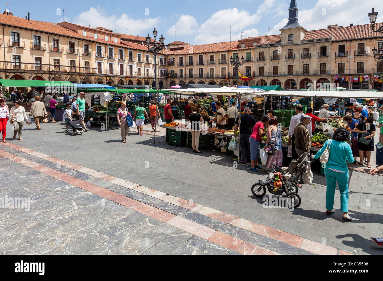 Market Day Plaza Mayor, Leon Spain; locals and tourists alike wander ...