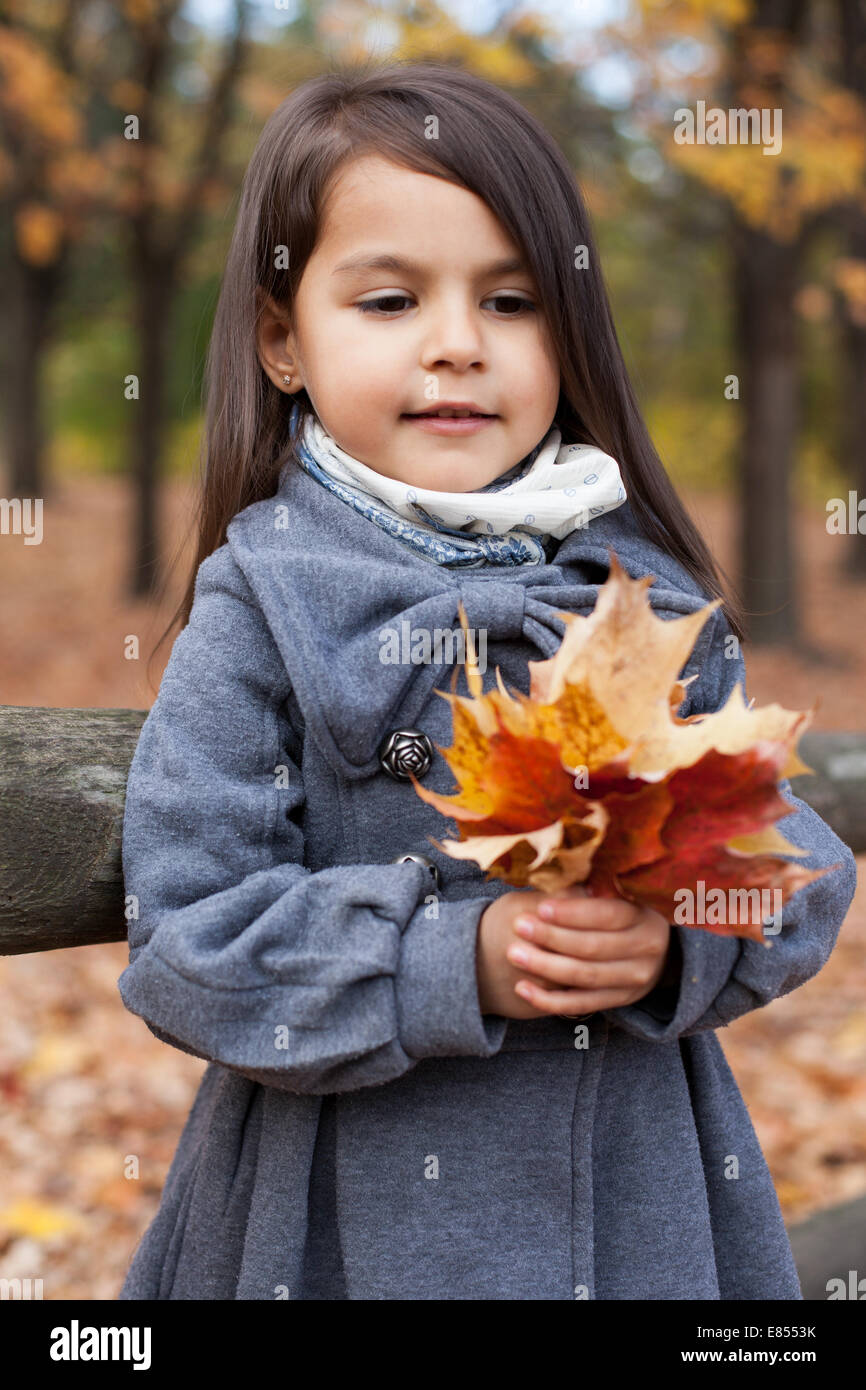 Little girl with autumn leaves in an autumn park Stock Photo - Alamy
