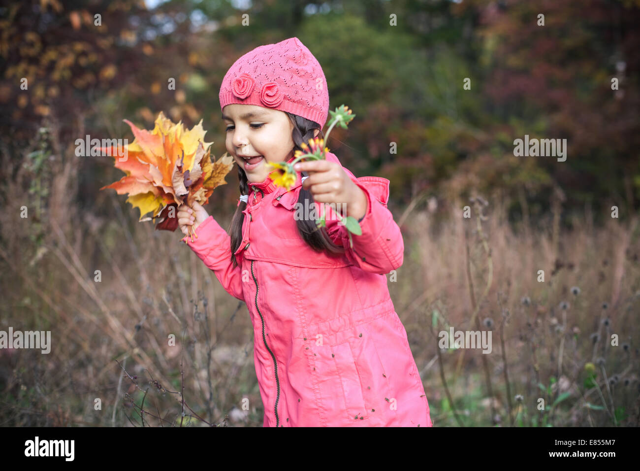 Little girl with autumn leaves in an autumn park Stock Photo - Alamy