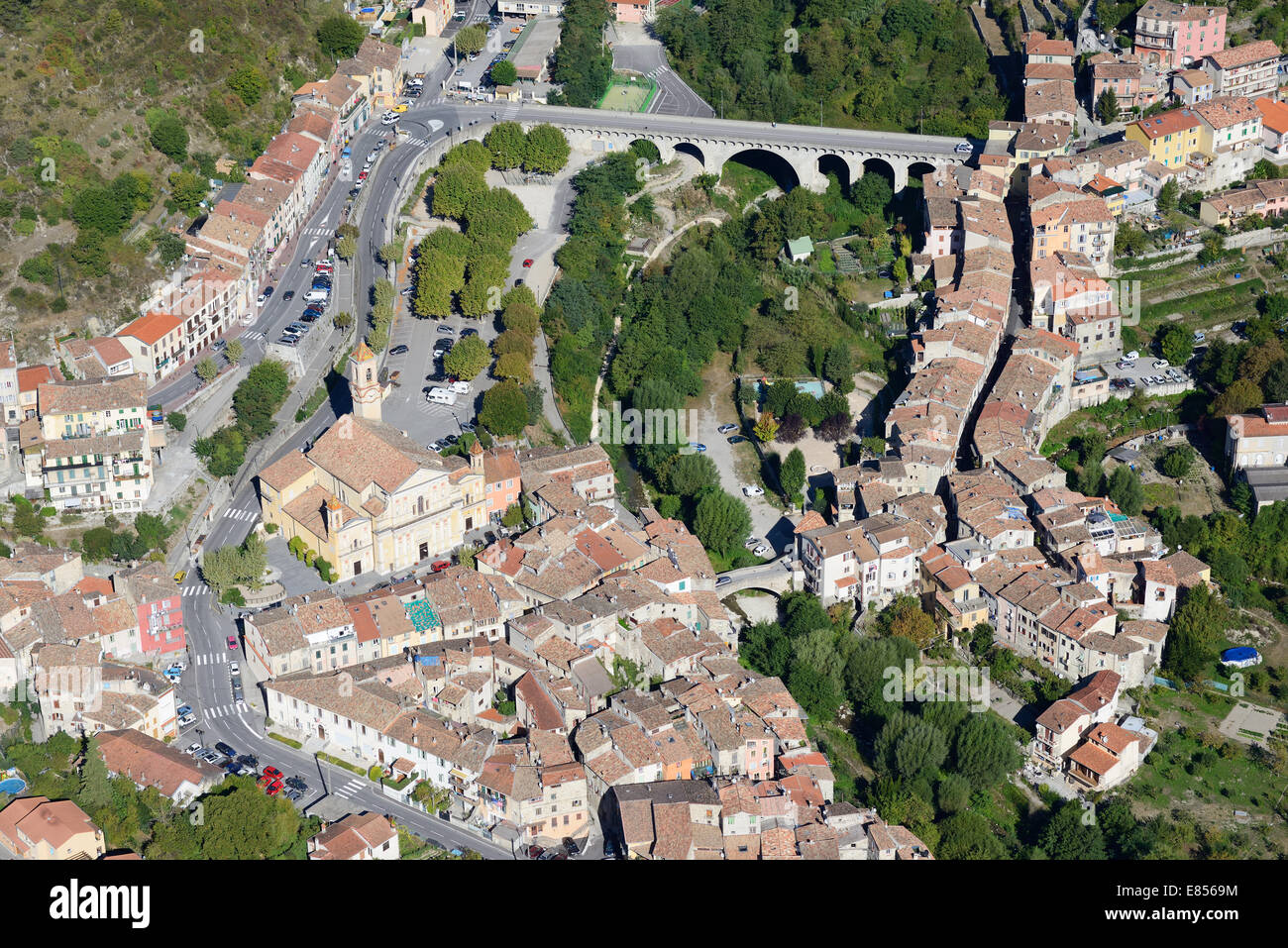 AERIAL VIEW. Medieval village on the riverbanks of the Paillon River. L ...