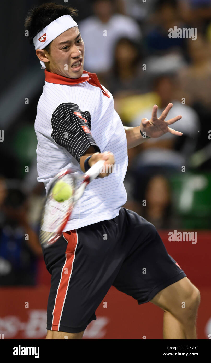 Tokyo, Japan. 1st Oct, 2014. Kei Nishikori of Japan hits a return ...