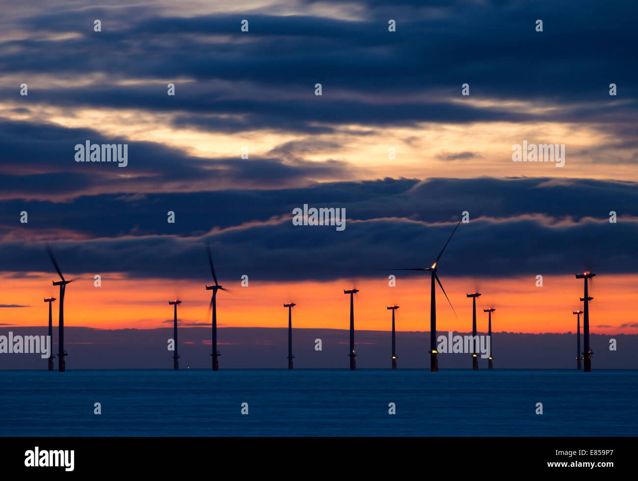 Teesside offshore wind farm on the north east coast at sunrise. England ...