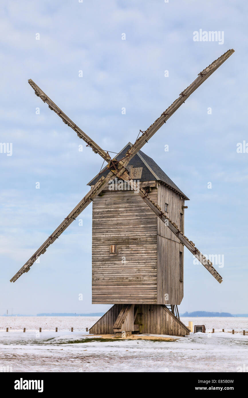Traditional wooden windmill during the winter, located in the Eure&Loir ...