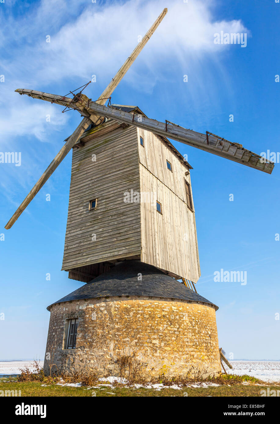 Traditional wooden windmill in France in the Eure &Loir Valley region ...