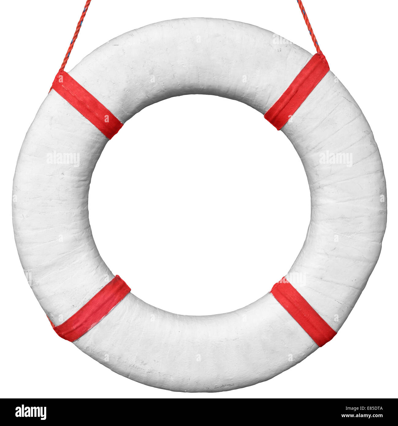 Old vintage lifebuoy with red stripes isolated on a white background ...