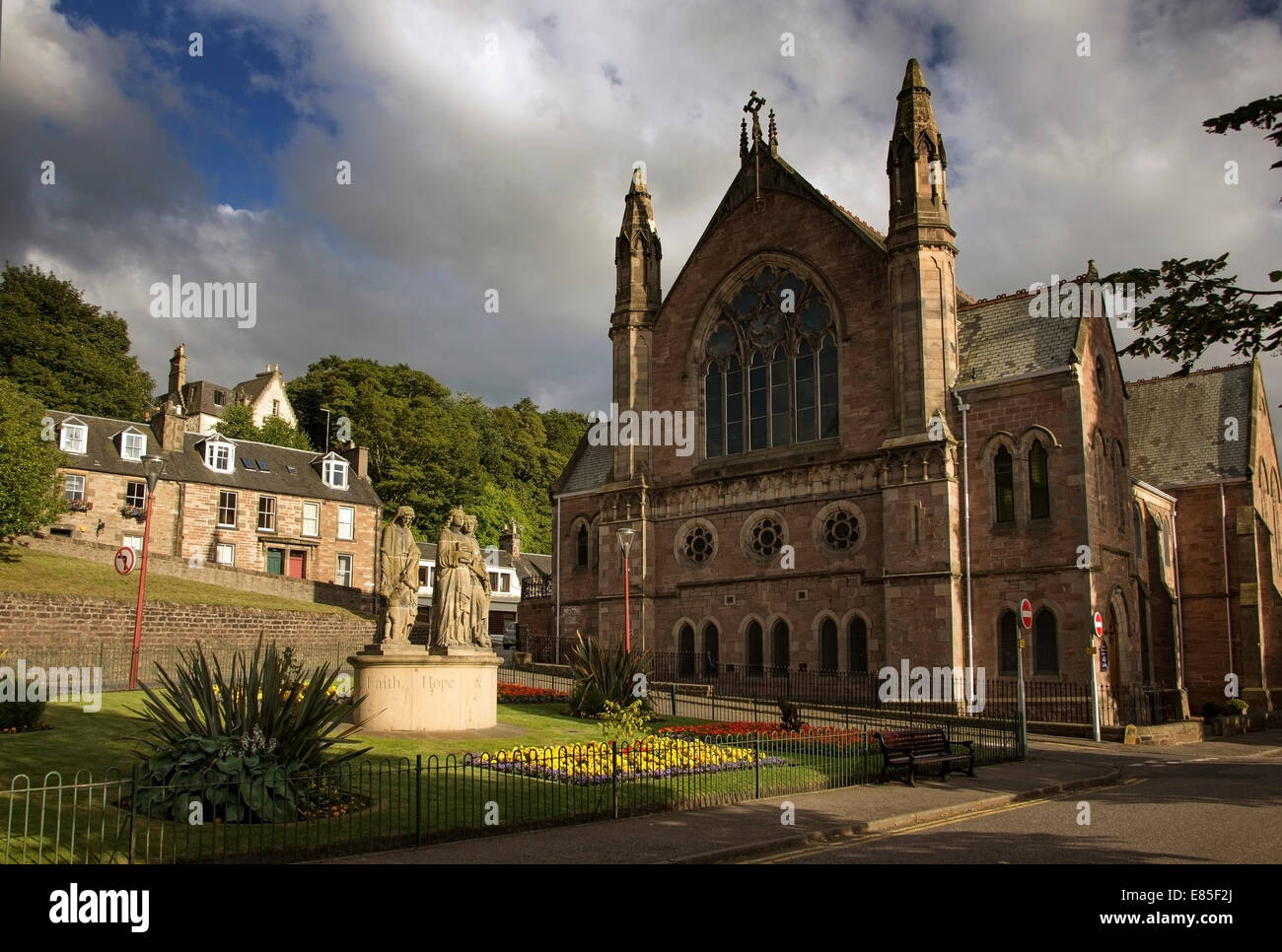 Three Virtues statue & Ness Bank Church, Inverness Stock Photo - Alamy