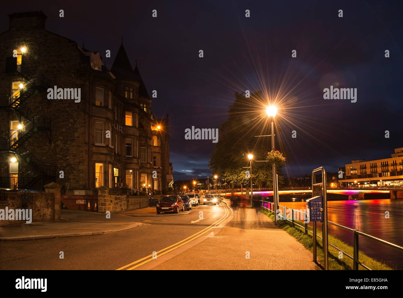 Ness Walk & Palace Hotel at night, Inverness, Highlands, Scotland Stock ...