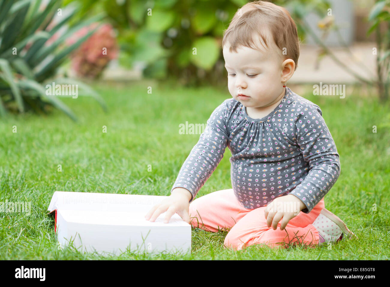Baby girl looking at a book in the park Stock Photo - Alamy
