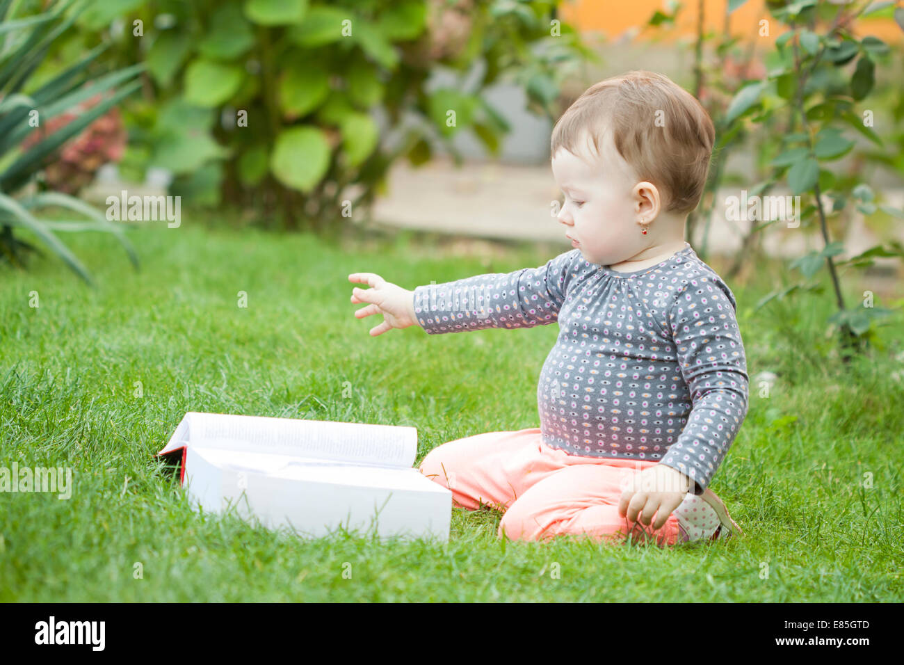 Baby girl looking at a book in the park Stock Photo - Alamy