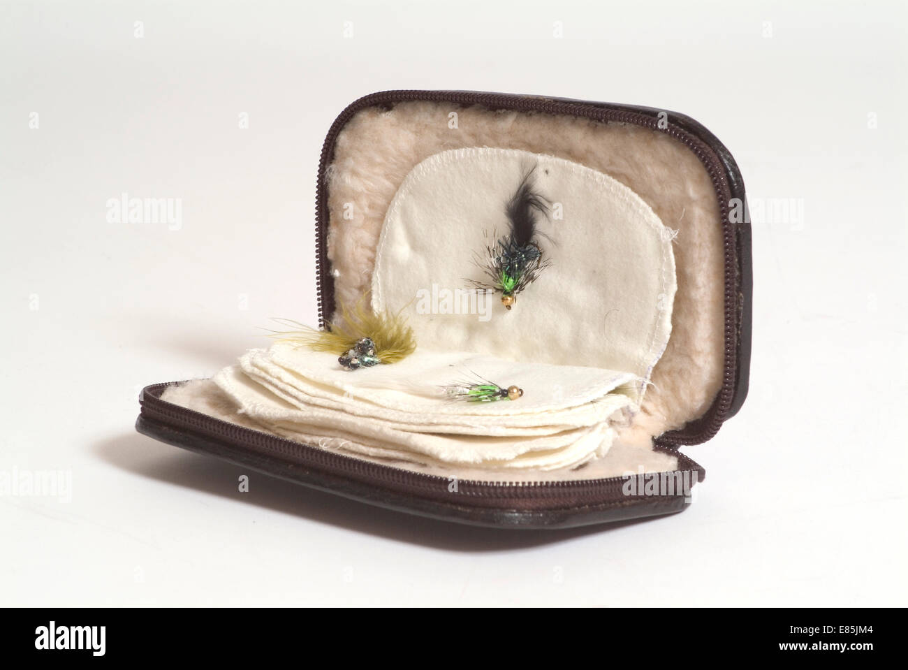 Leather sheep skin lined fly fishing wallet Stock Photo - Alamy