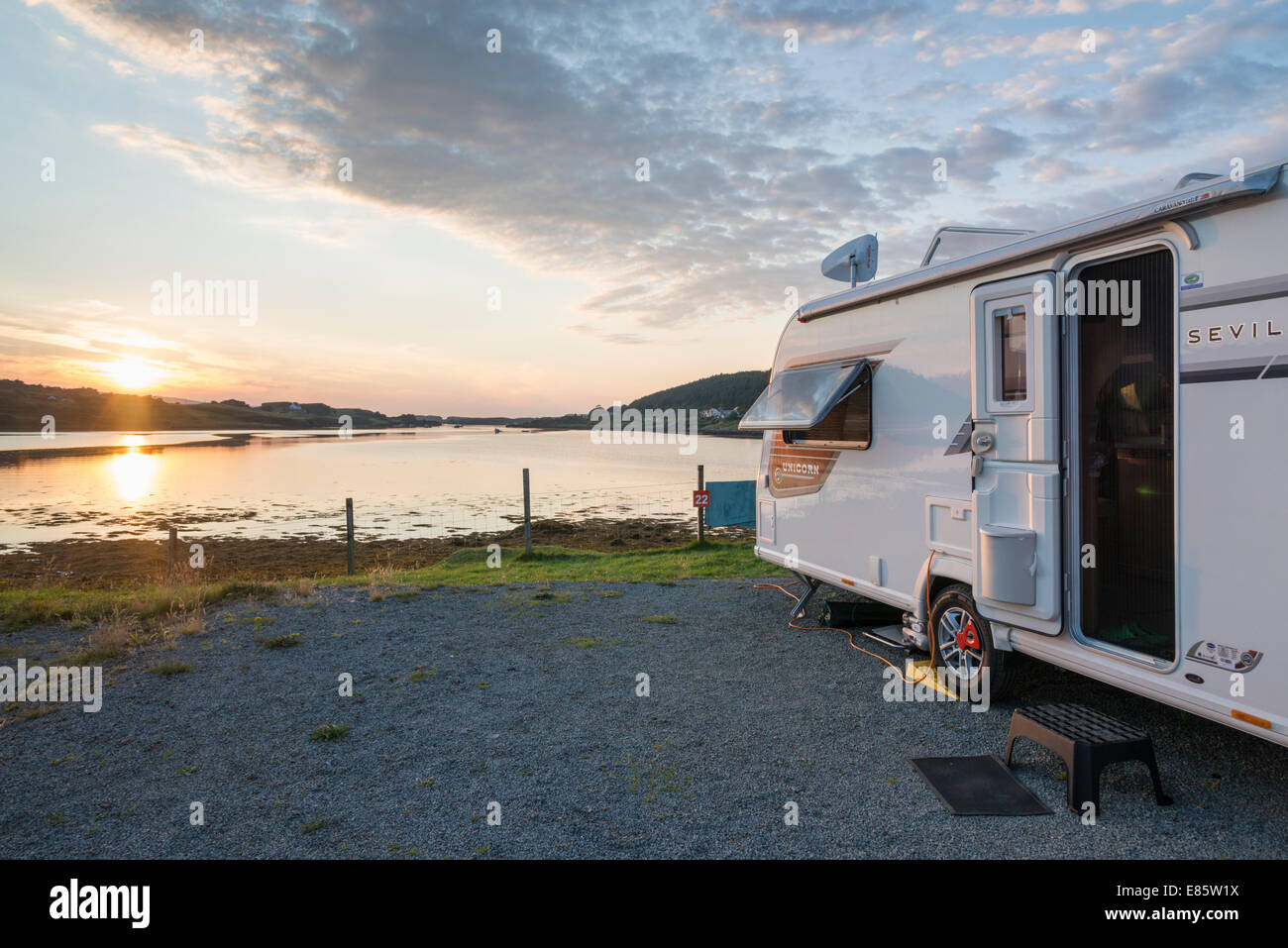 A Bailey Seville caravan parked on a pitch next to Loch Dunvegan Isle ...
