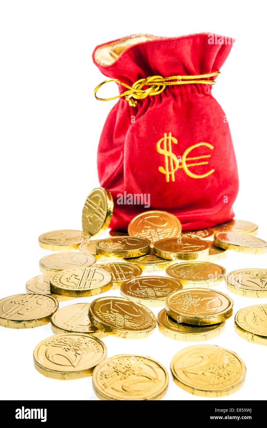 Sack with euro and dollars coins on a white background Stock Photo - Alamy