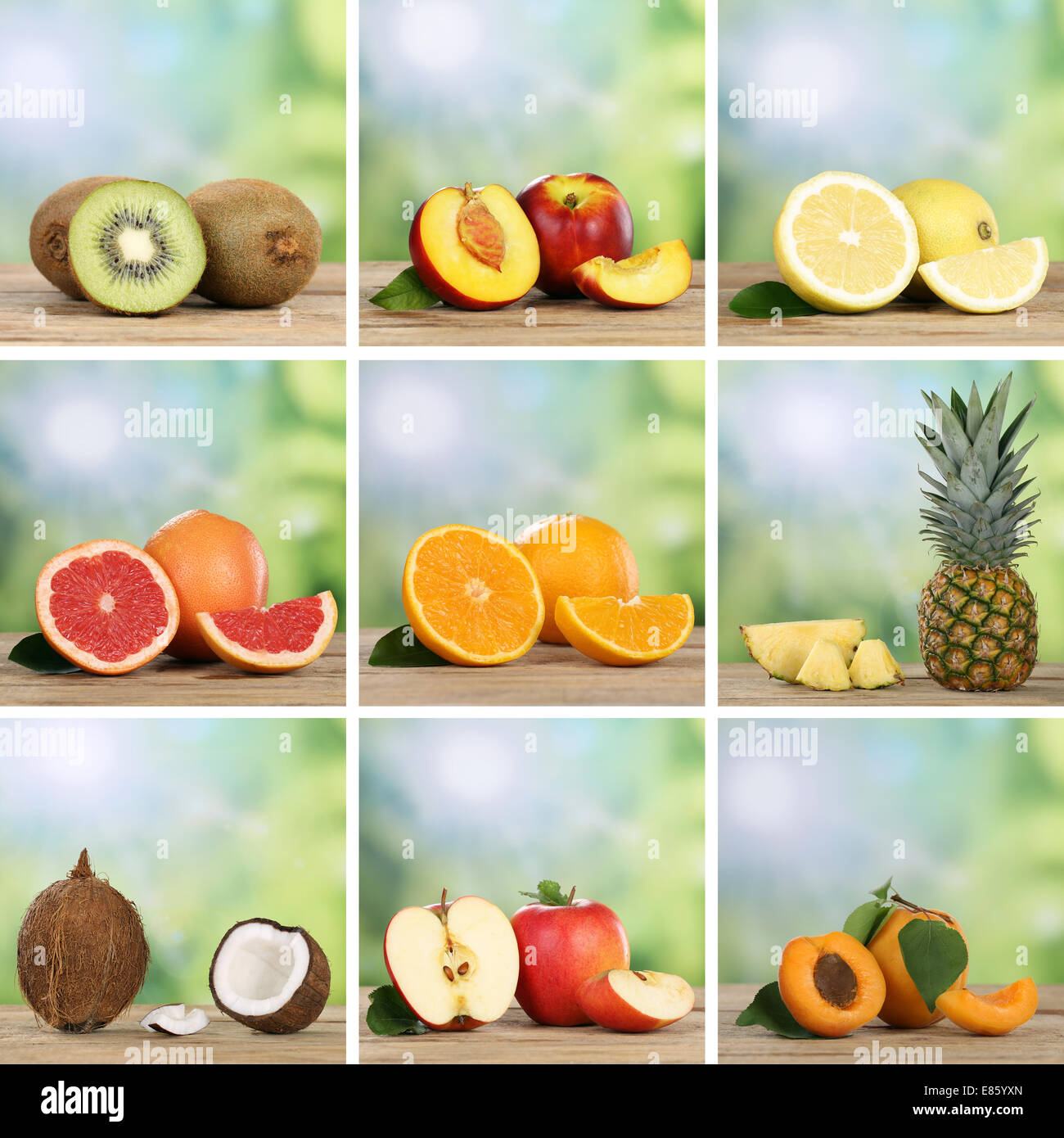 Collection of fruits like oranges, kiwis, peaches, pineapple, lemons ...