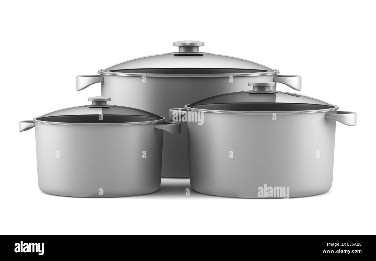 three gray cooking pans isolated on white background Stock Photo - Alamy