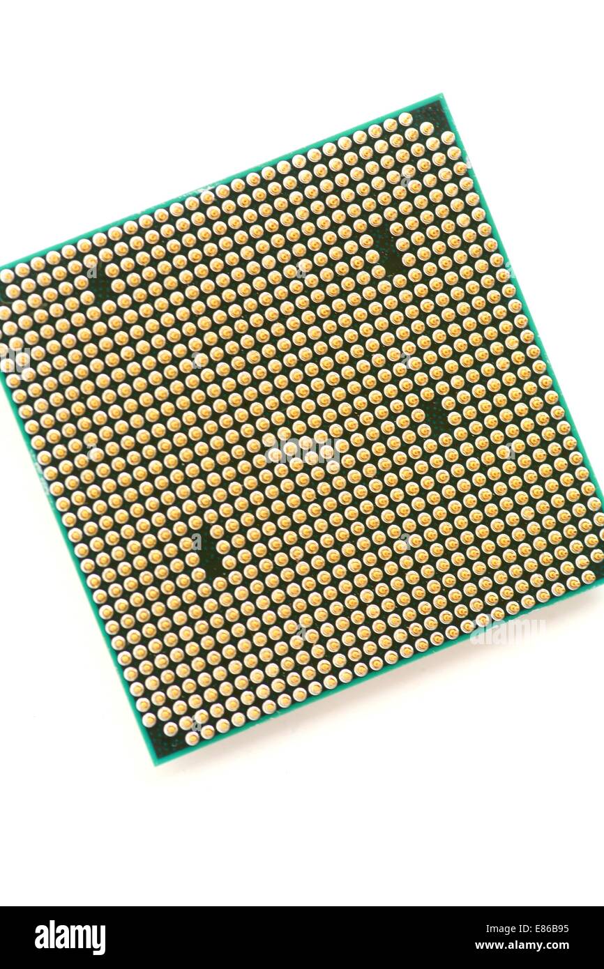 Closeup of a computer processor with golden pins over a white ...