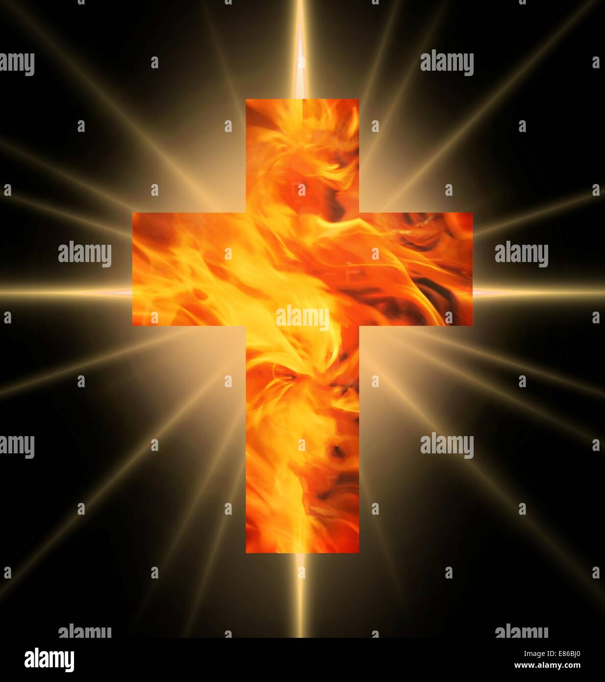 Burning Cross of red and yellow fire against burning rays Stock Photo ...