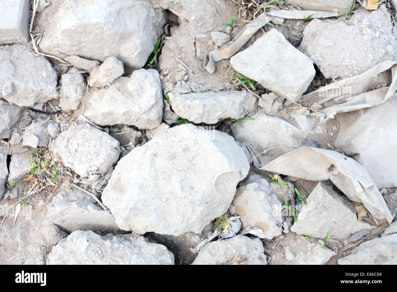Crushed concrete and support rods from a demolished building Stock ...