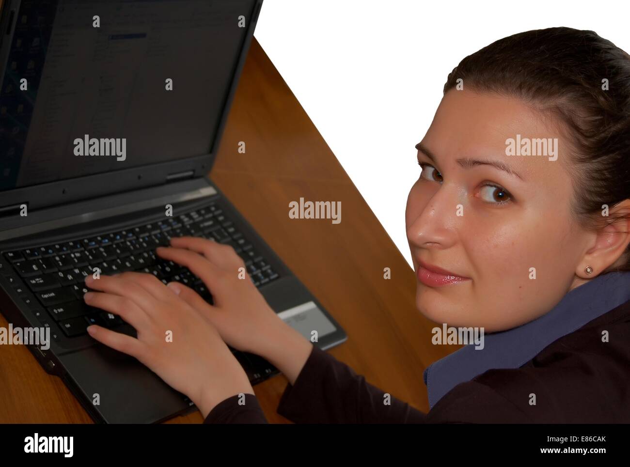 portrait of beautiful brunette women working on laptop (notebook Stock ...