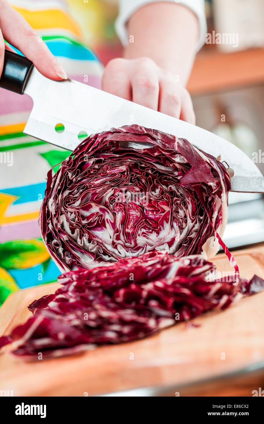Woman's hands cutting red cabbage, behind fresh vegetables Stock Photo ...