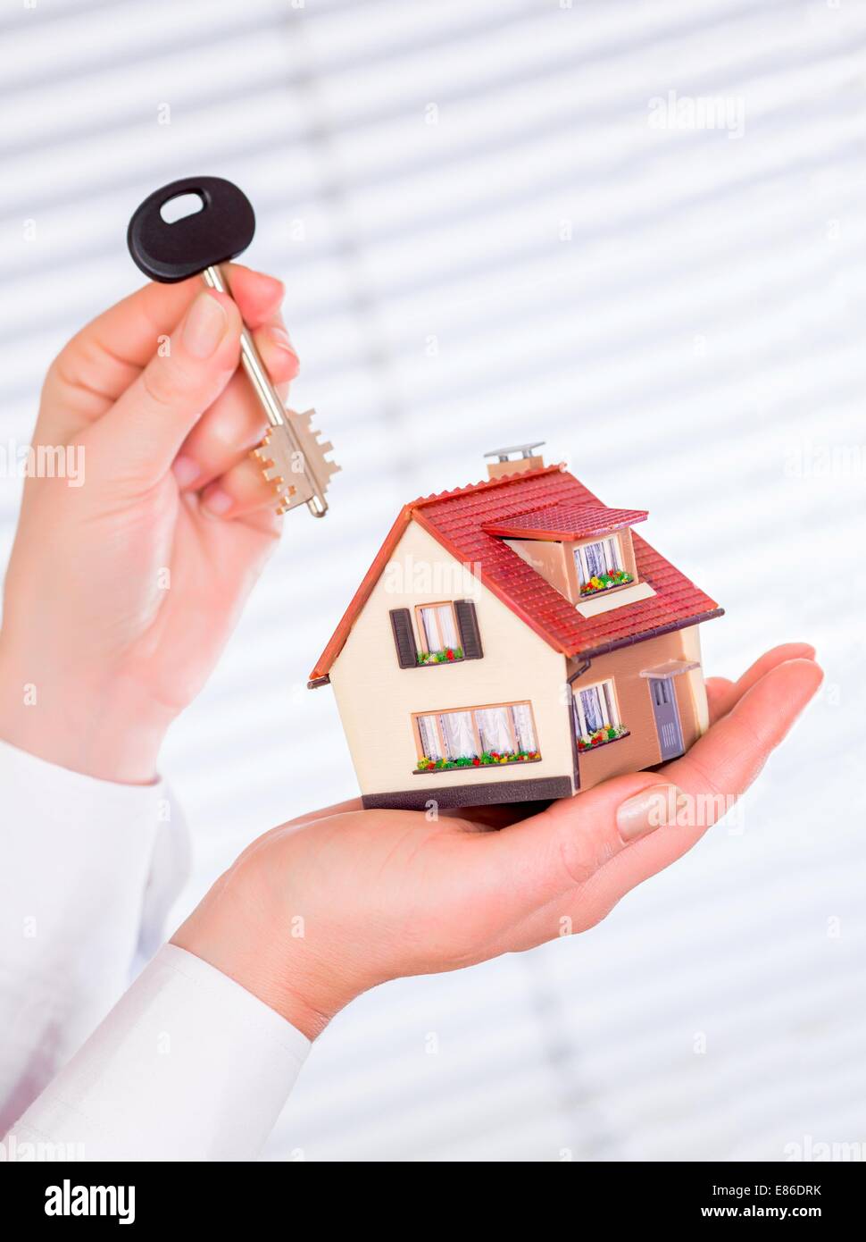 house in human hands on a white background Stock Photo - Alamy