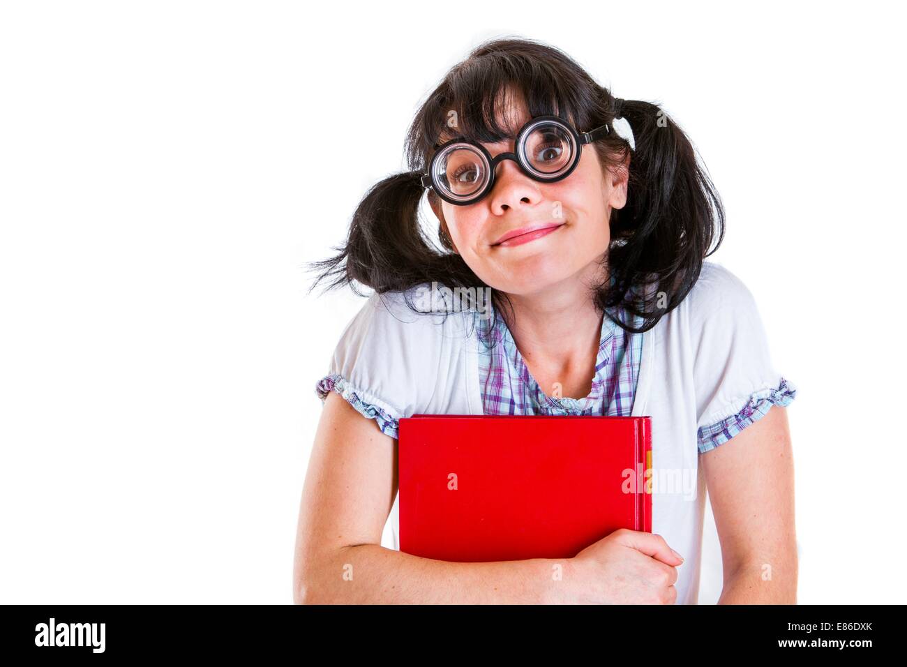 Nerd Student Girl on a white background Stock Photo - Alamy