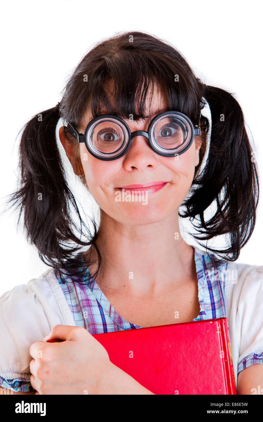 Nerd Student Girl on a white background Stock Photo - Alamy