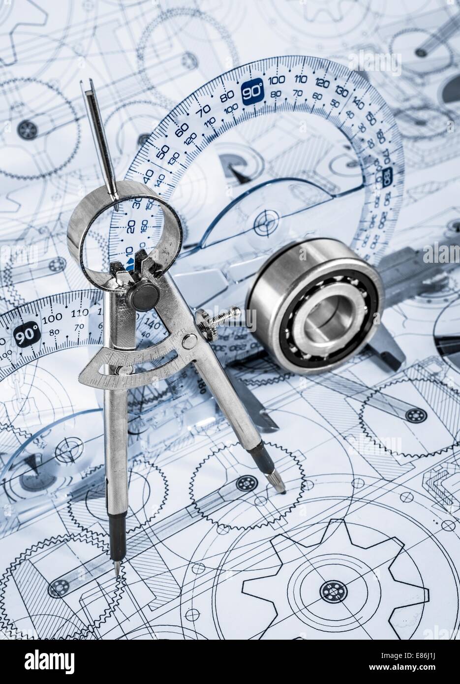 Technical drawings with the bearing in a blue toning Stock Photo - Alamy